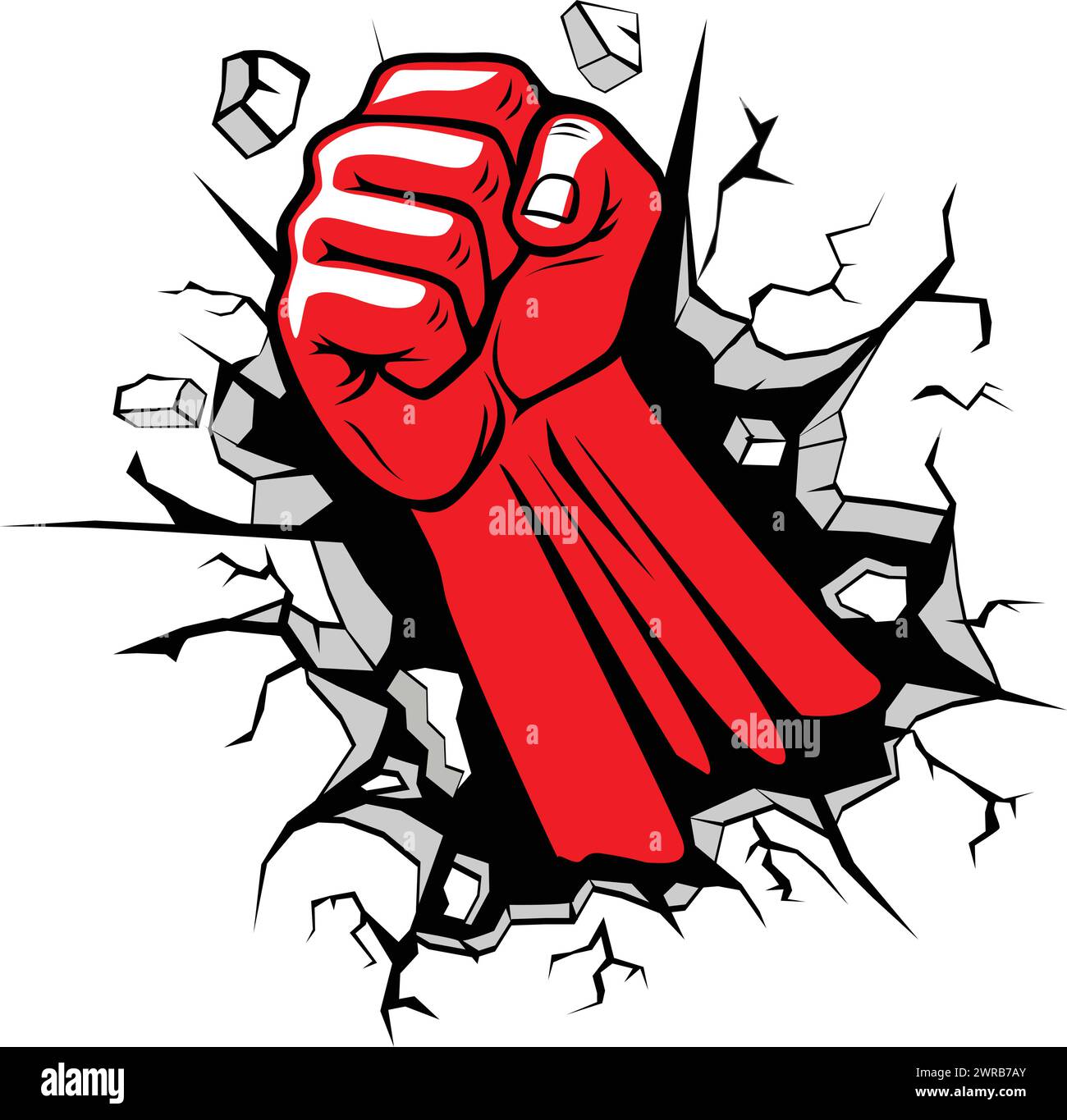 Red fist punched through stone wall. Vector on transparent background ...