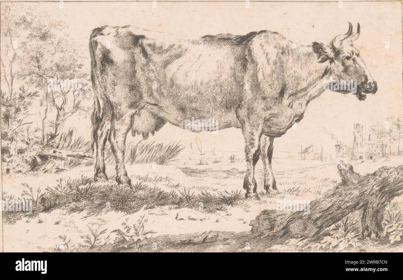 Cow in a landscape, print maker: Carl Wilhelm Weisbrod, after drawing ...
