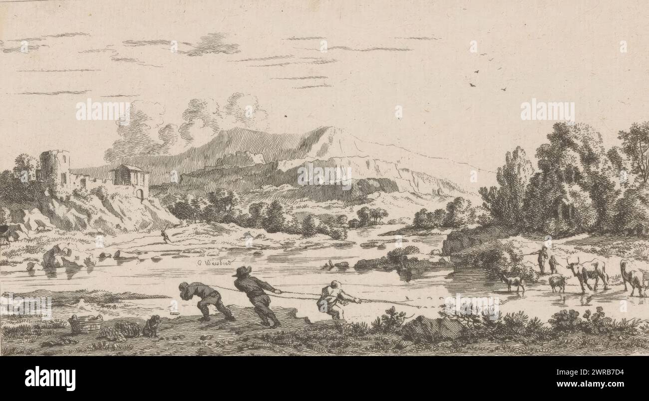 River view with fishermen and shepherds with cattle, print maker: Carl ...