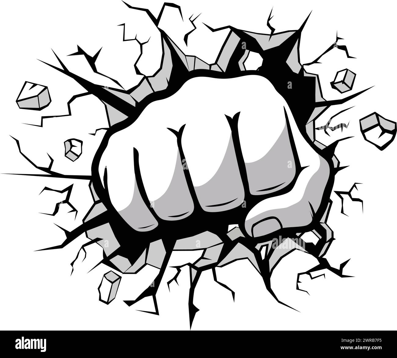 Comic style fist punched through stone wall. Vector on transparent ...