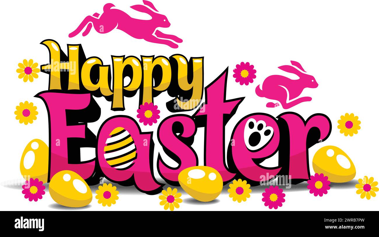 Happy Easter greeting banner with bunnies and eggs. Vector poster ...