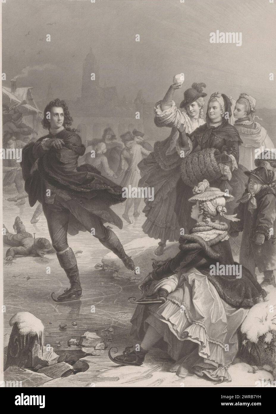 Young man skates past a group of ladies, print maker: Johann Leonhard ...