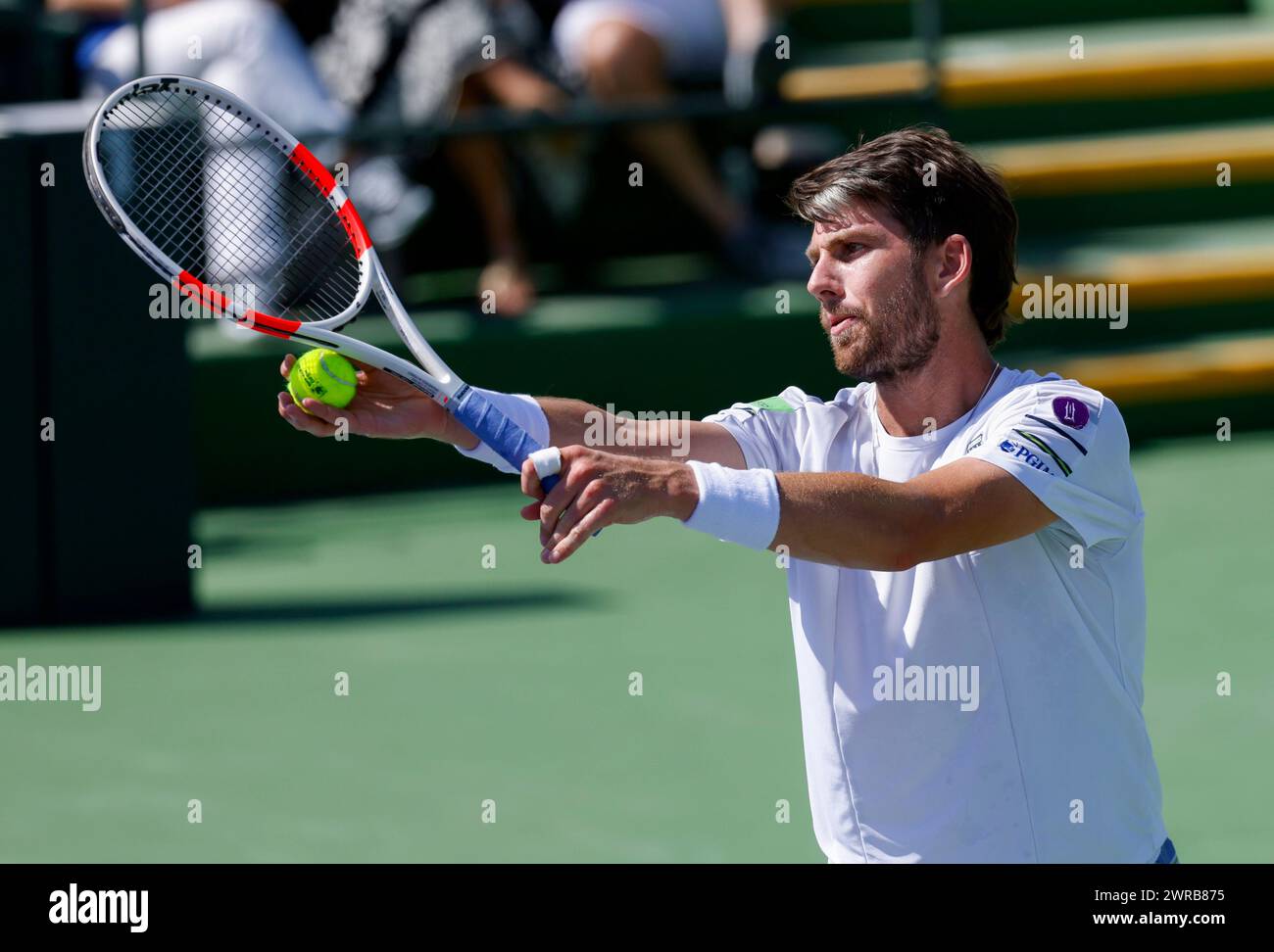 March 11, 2024 Cameron Norrie of Great Britain serves against Gael ...