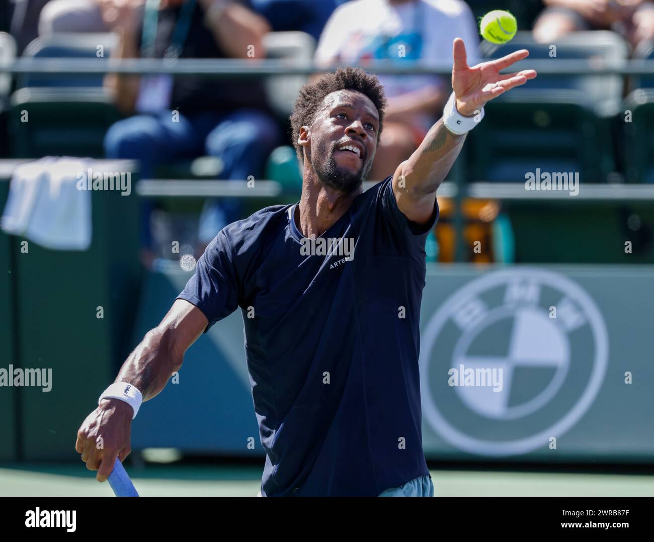 March 11, 2024 Gael Monfils of France serves against Cameron Norrie of ...