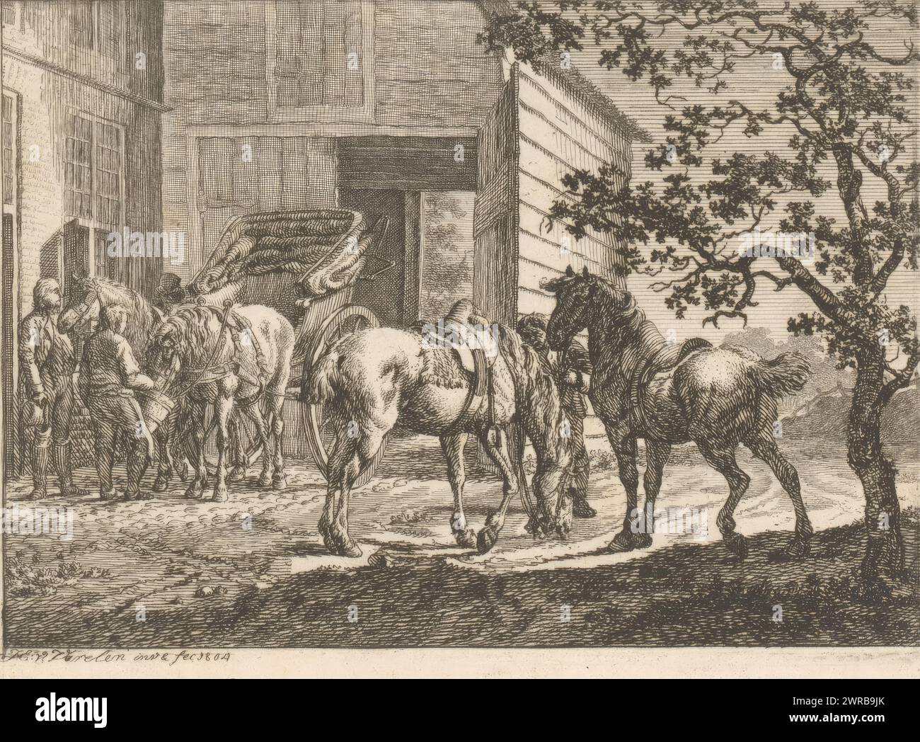 Four horses are fed in front of a stable, print maker: Jacob Elias van ...