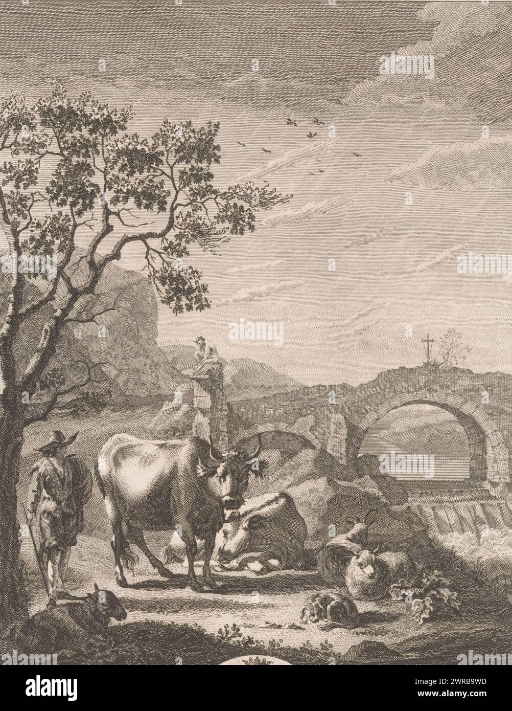 Landscape with shepherd and cattle near a bridge over a waterfall ...