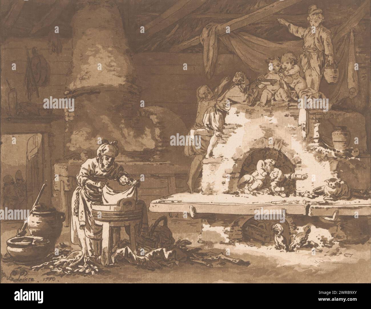 Interior with washerwoman and children playing on a stove, print maker ...