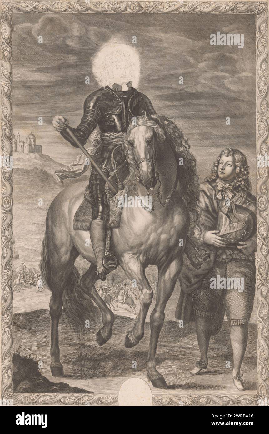 Louis XIV of France in armor on horseback, print maker: Pierre Lombard ...