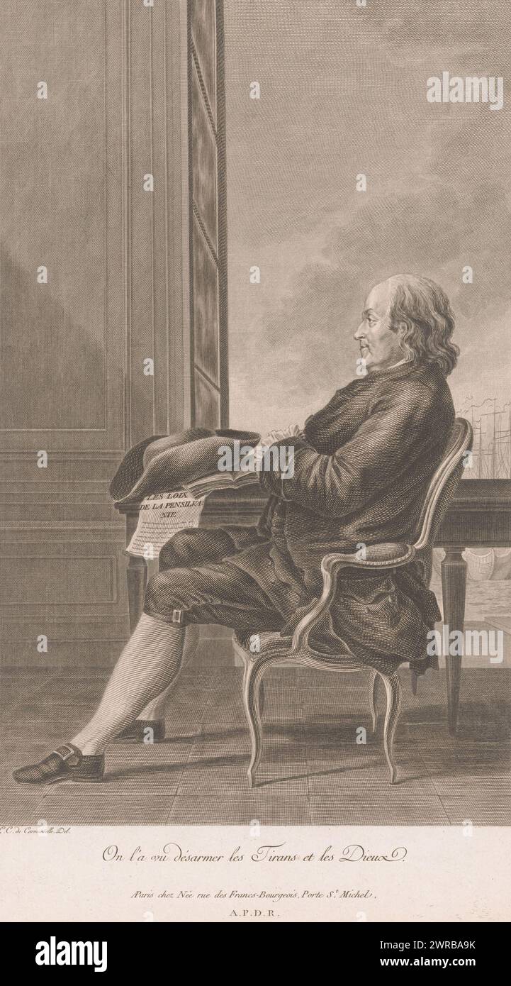 Portrait of Benjamin Franklin in profile seated on a chair, print maker ...