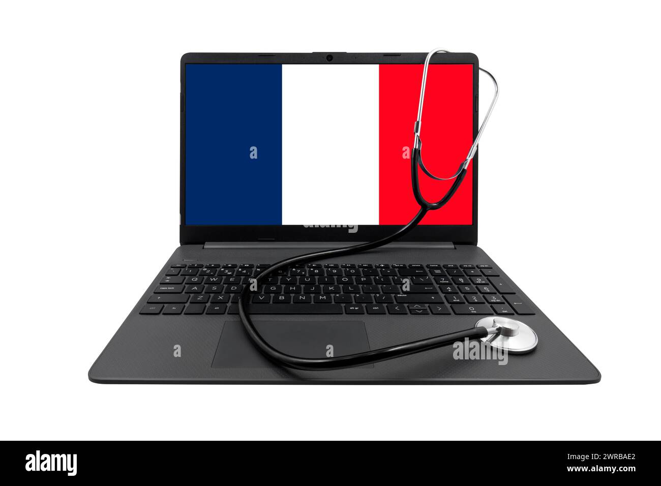 Laptop with France flag on screen and medical stethoscope on white ...