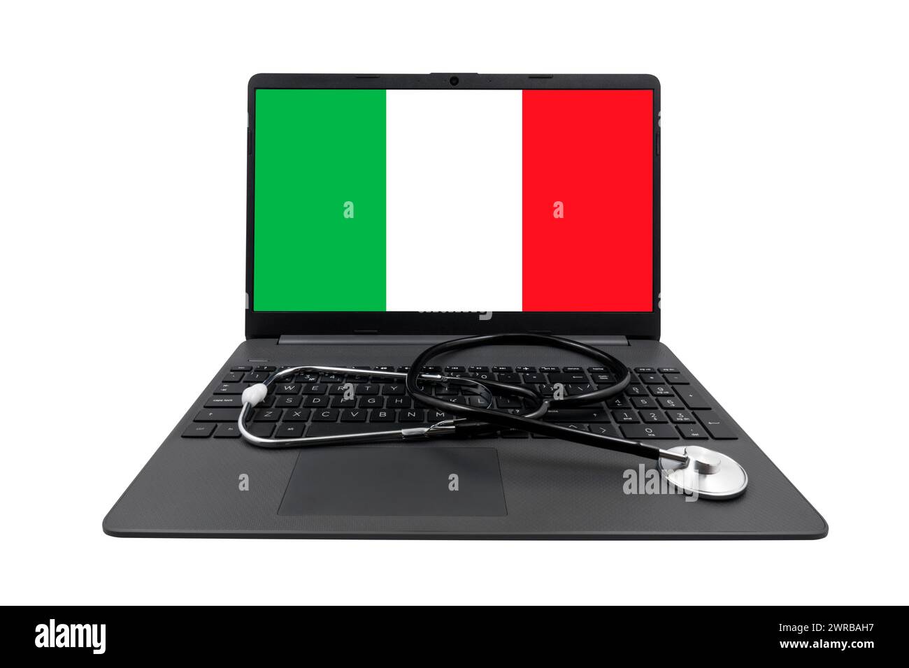 Laptop with Italy flag on screen and medical stethoscope on white ...
