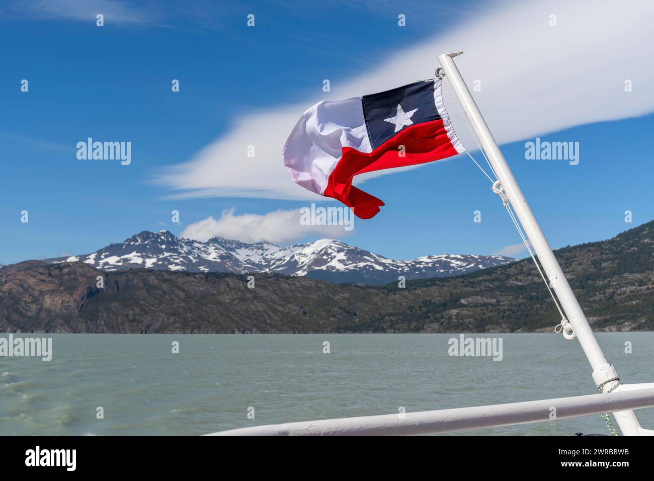 Boat trip, glacial lake, flag, Lago Grey, Torres del Paine National ...