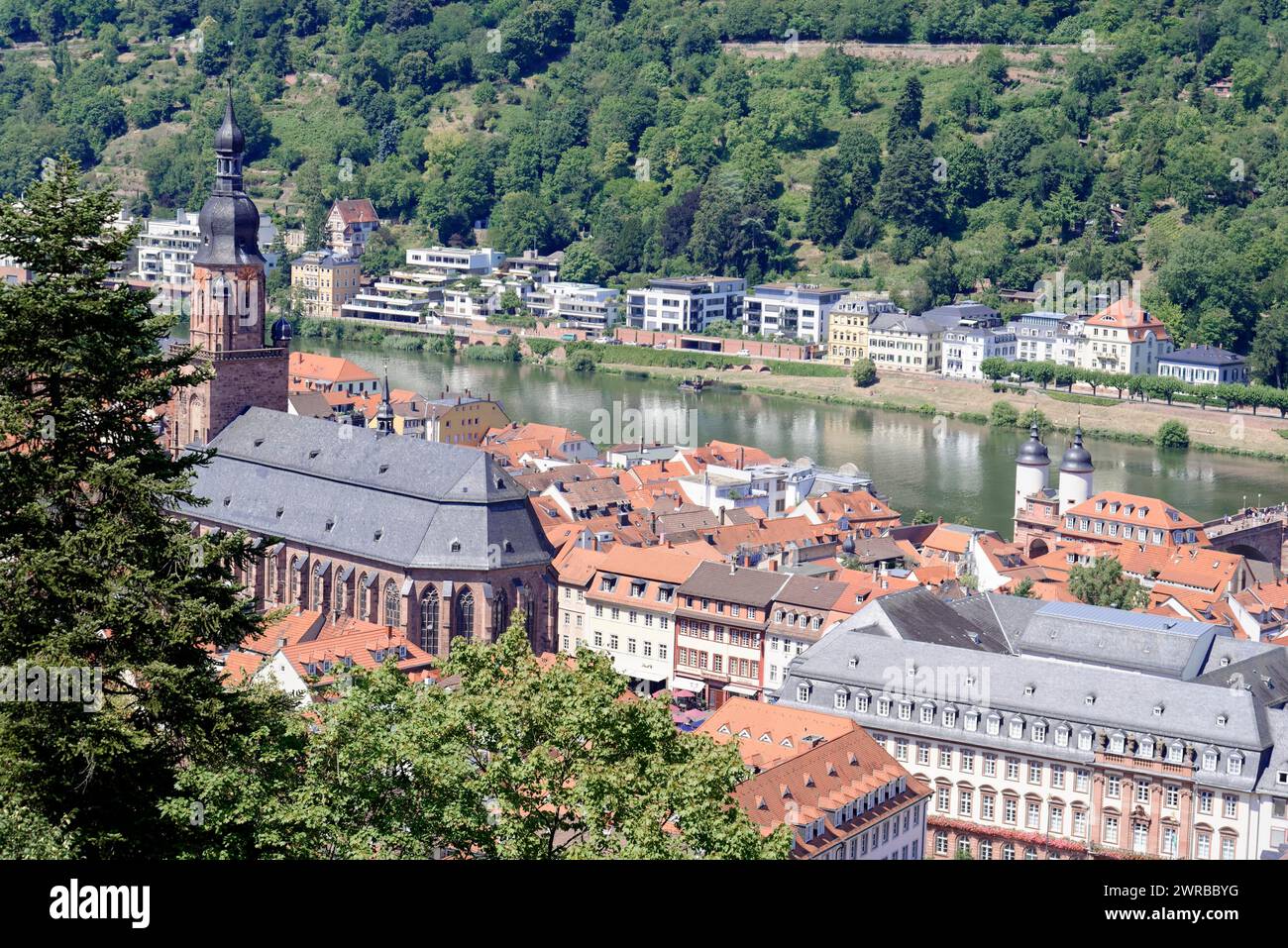 Aerial view of a city on the river (Neckar), with historical buildings ...