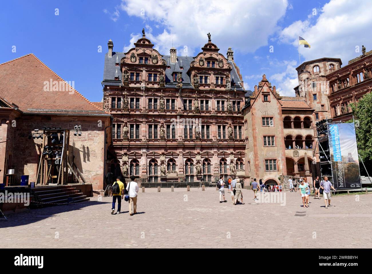 Renaissance-style castle (Heidelberg Castle), with people in the ...