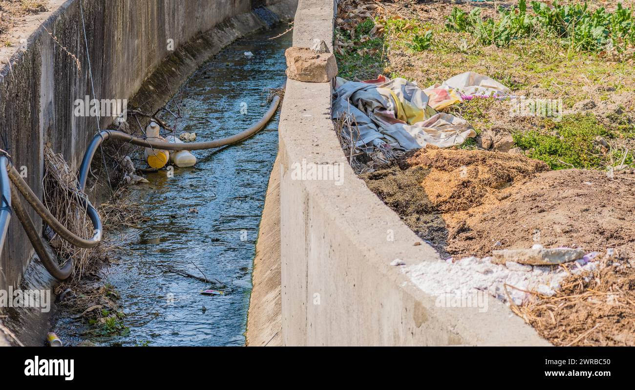 A polluted canal with litter and visible pipes, highlighting ...