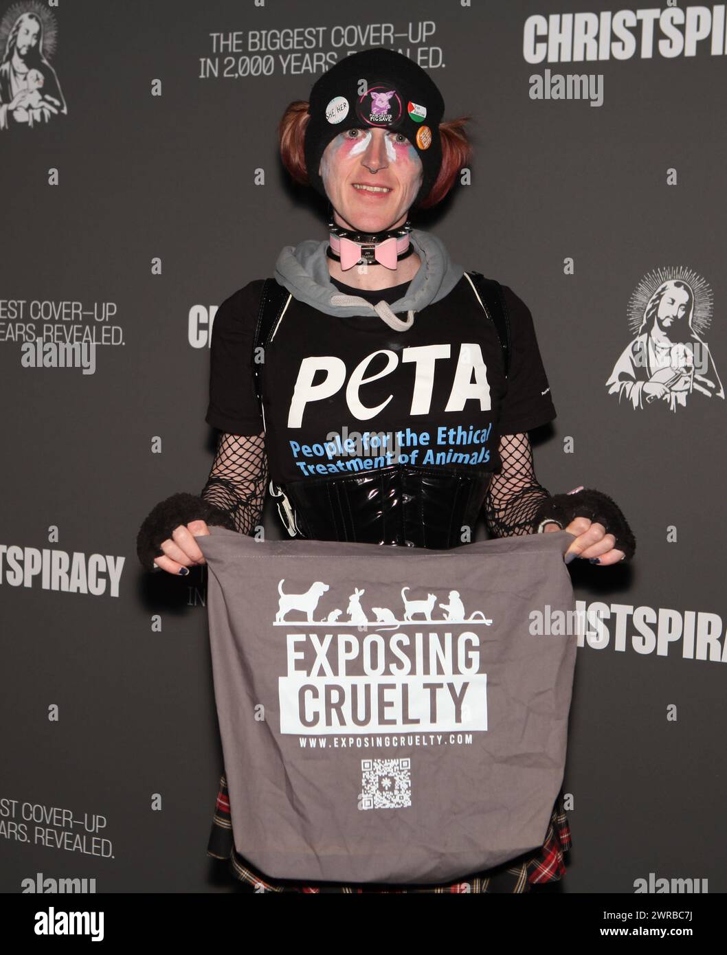 London, UK. Pro-Peta supporter at the Christspiracy world premiere ...