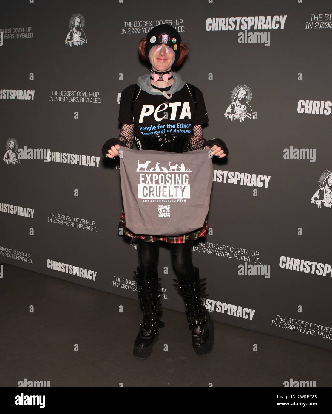 London, UK. Pro-Peta supporter at the Christspiracy world premiere ...