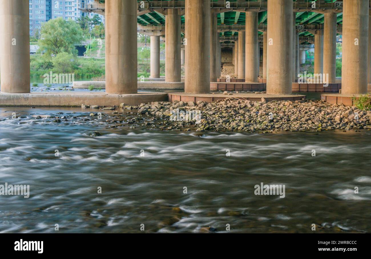 Flowing river under an overpass with concrete columns and greenery ...