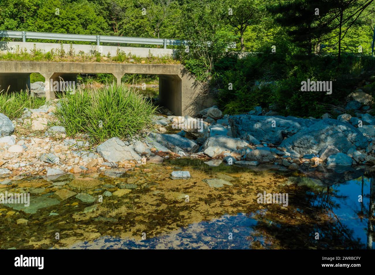 Stream running under a bridge with clear water revealing rocks beneath ...