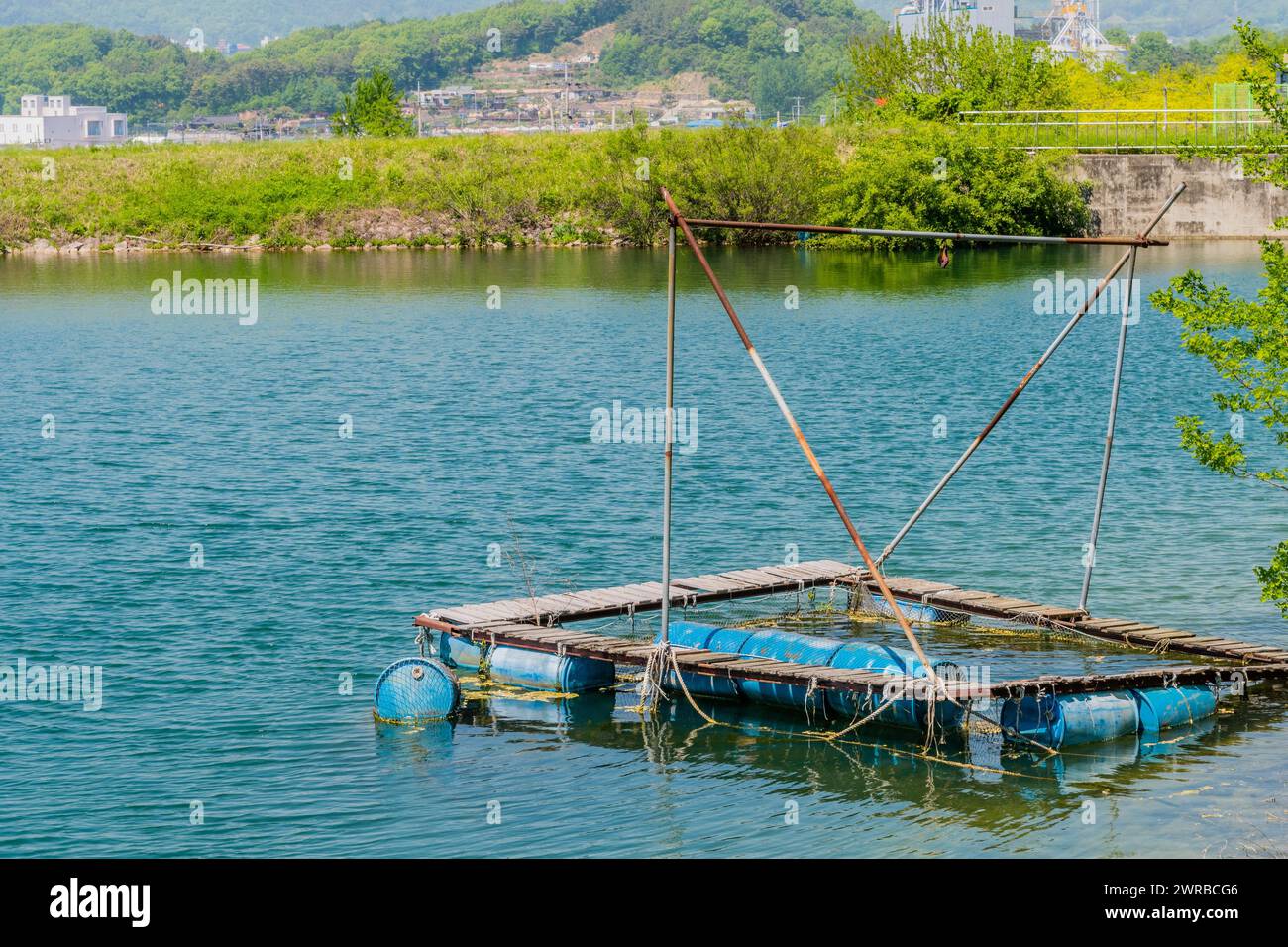 Rustic homemade floating dock with barrels on a calm river, in South ...