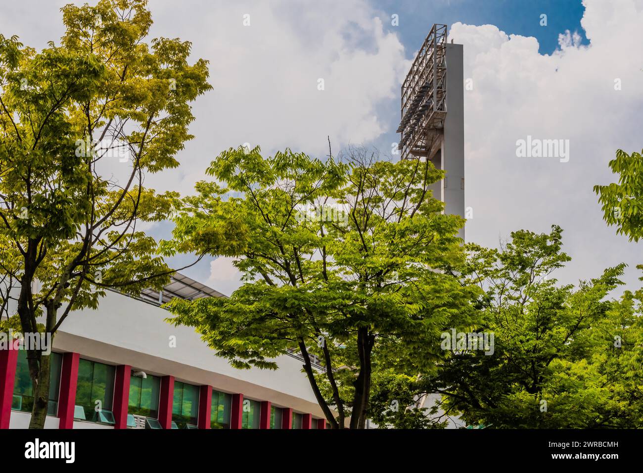 Stadium lights towering over lush trees in an urban setting, in South ...
