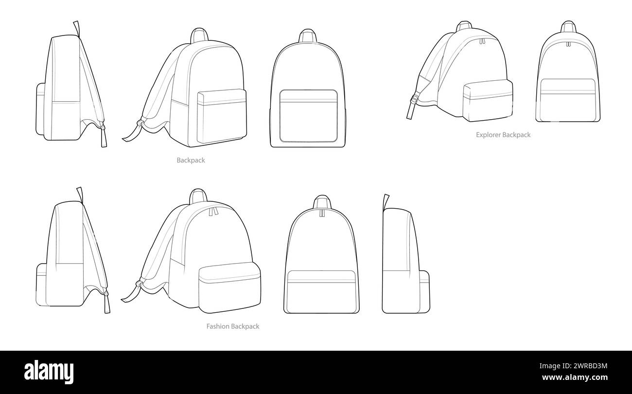 Set of Fashion Explorer backpacks silhouette bags. Fashion accessory ...