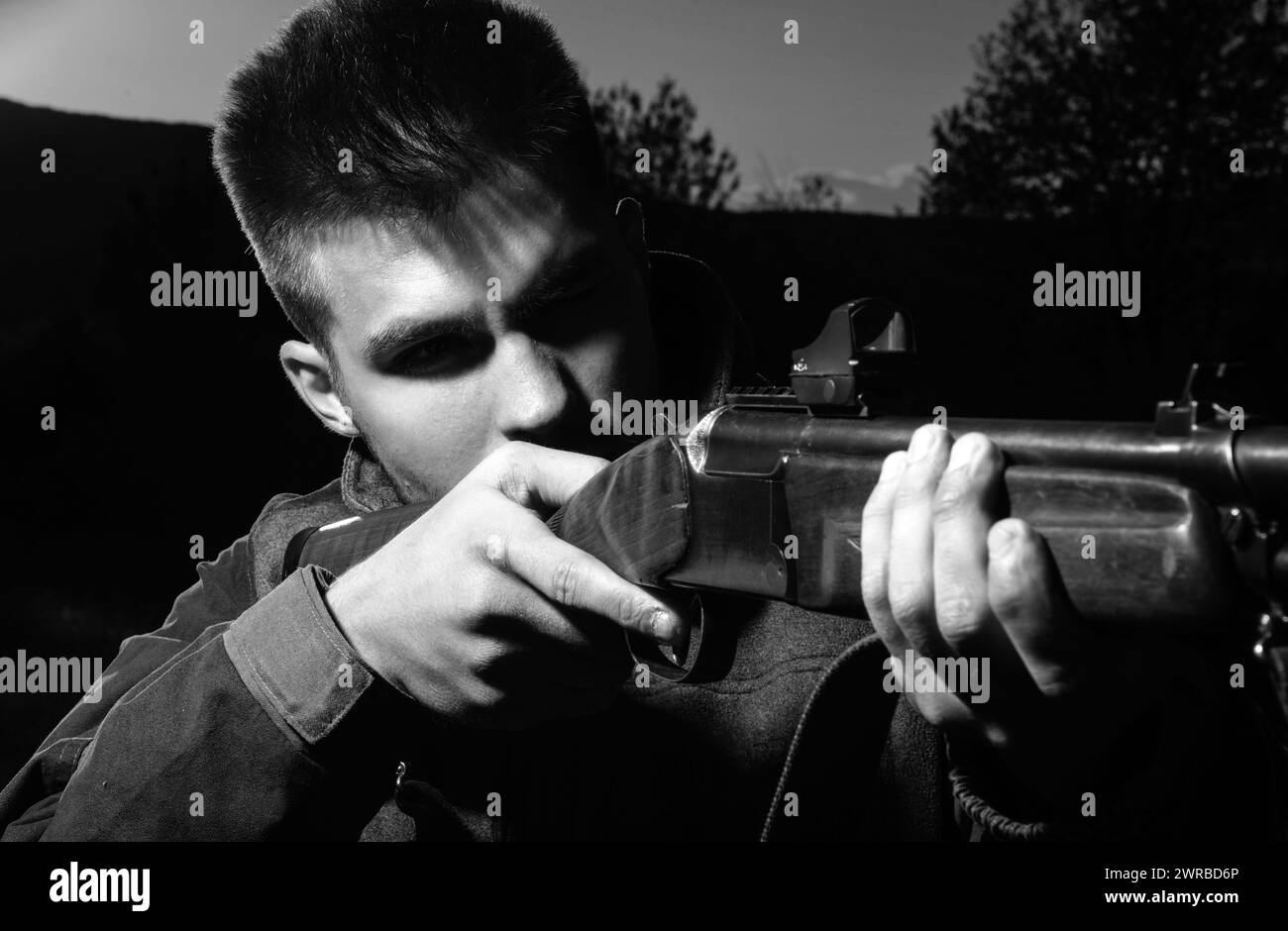 Soldier big sniper rifle Black and White Stock Photos & Images - Alamy