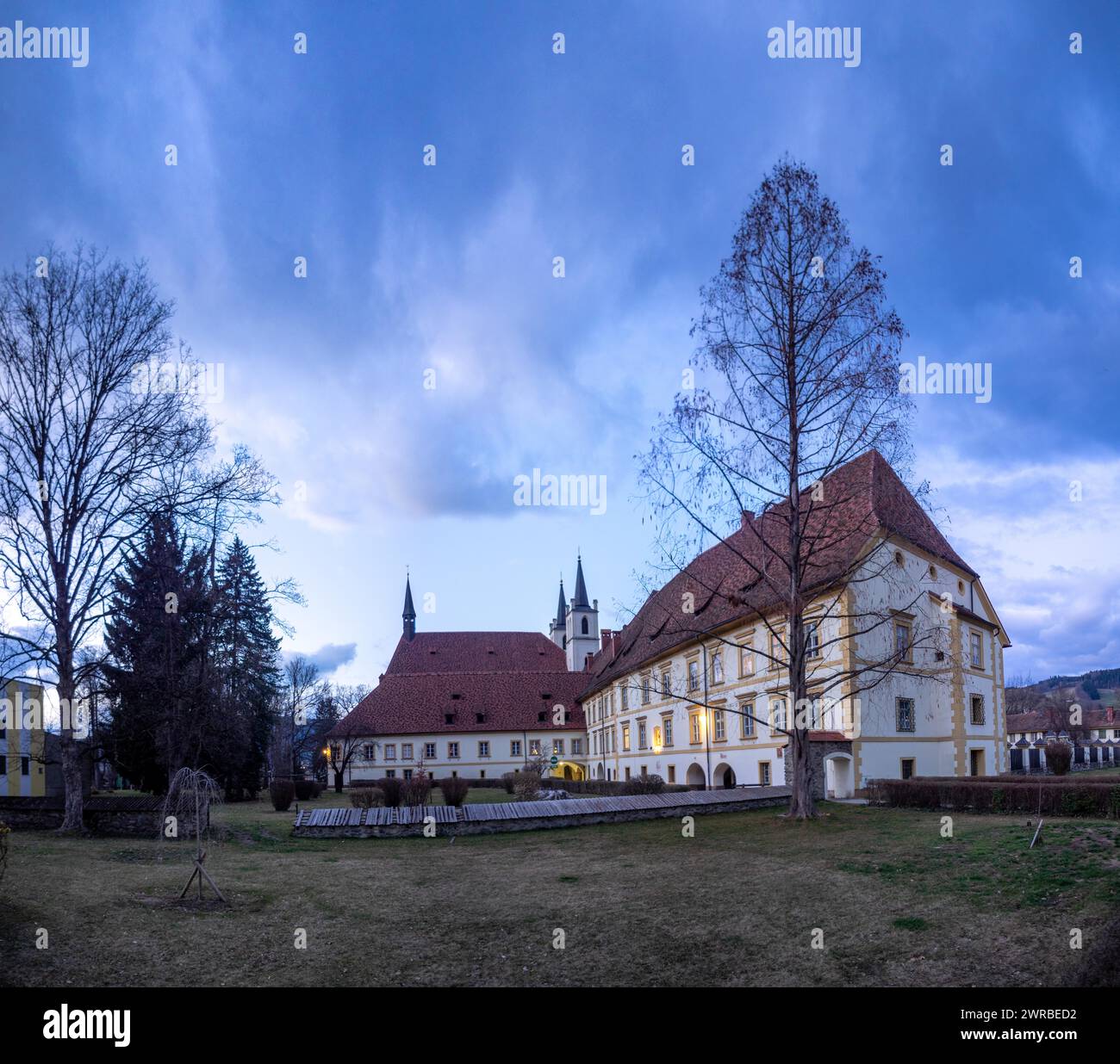Goess Abbey at the blue hour, former monastery of the Benedictine nuns ...