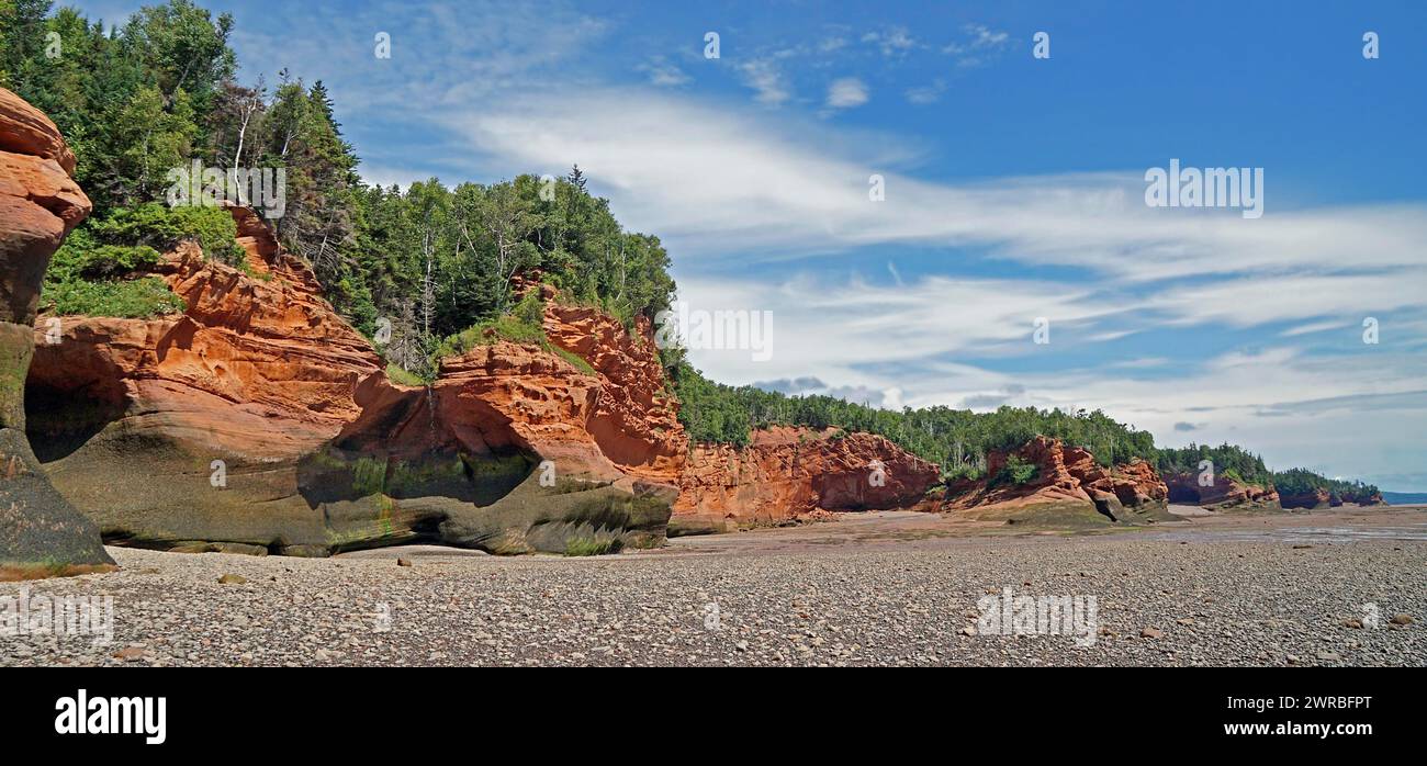 Wooded cliffs, red sandstone, Five Islands Provincial Park, Fundy Bay ...
