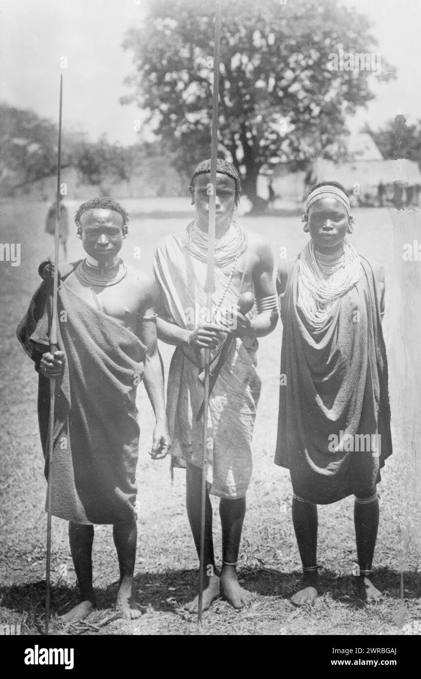 Three Nandi warriors full-length portrait, standing, facing front ...