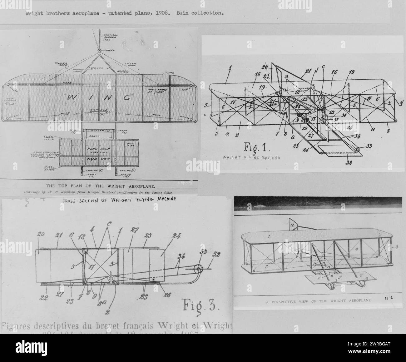Wright brothers aeroplane - patented plans, 1908, Four plans: The top ...