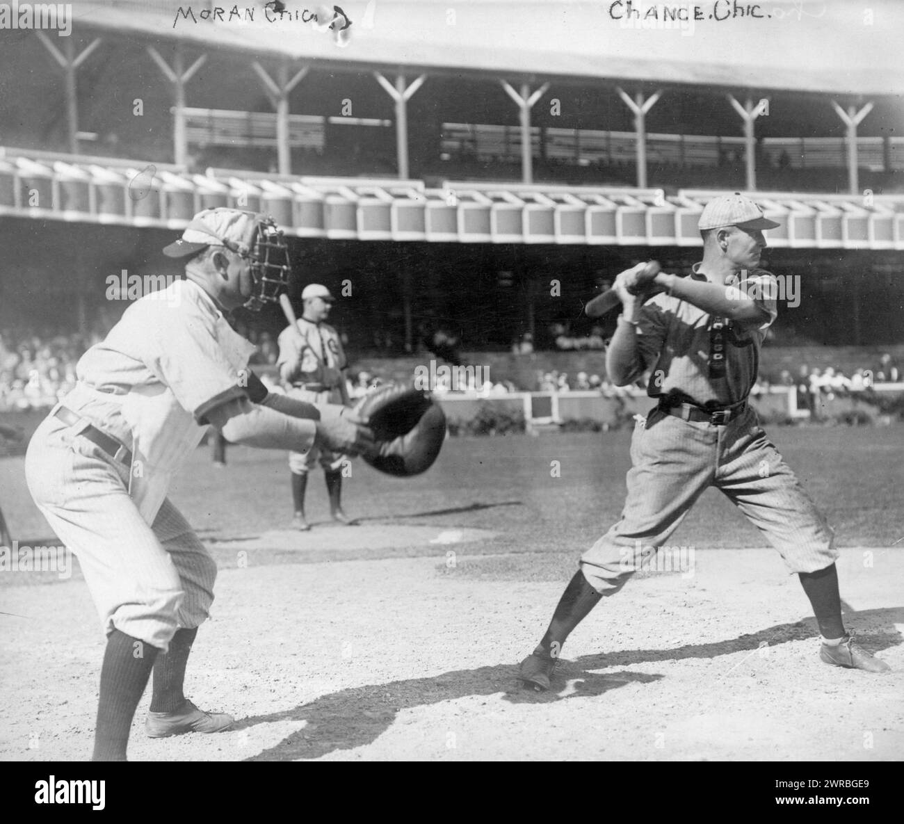 Frank Chance, Chicago NL baseball player, standing at home plate, with ...