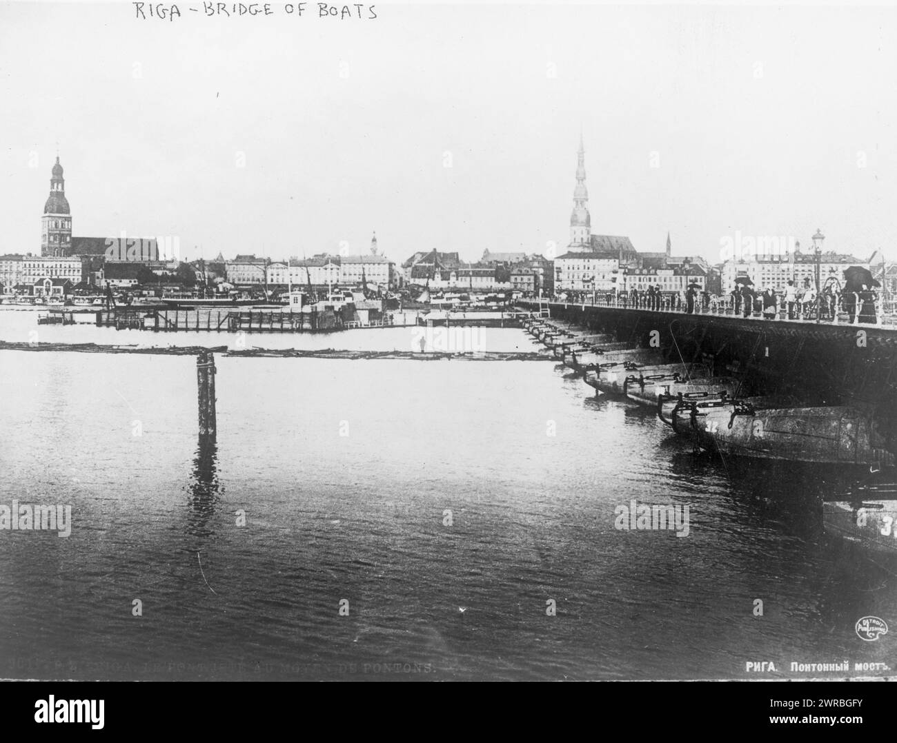 Riga - bridge of boats, Photograph shows view across the Western Dvina ...
