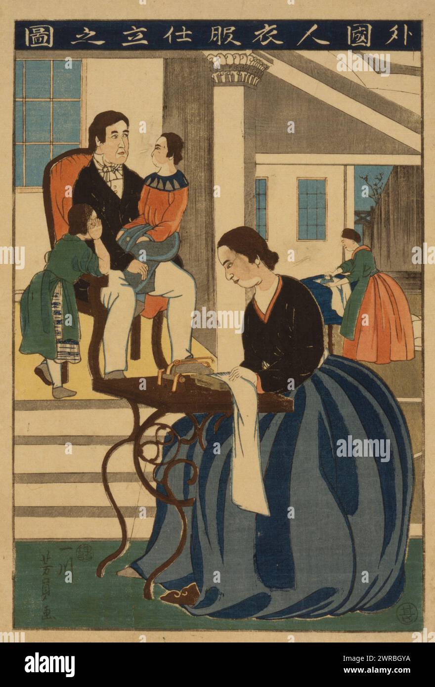 Gaikokujin ifuku shitate no zu, Japanese print shows a foreign woman ...