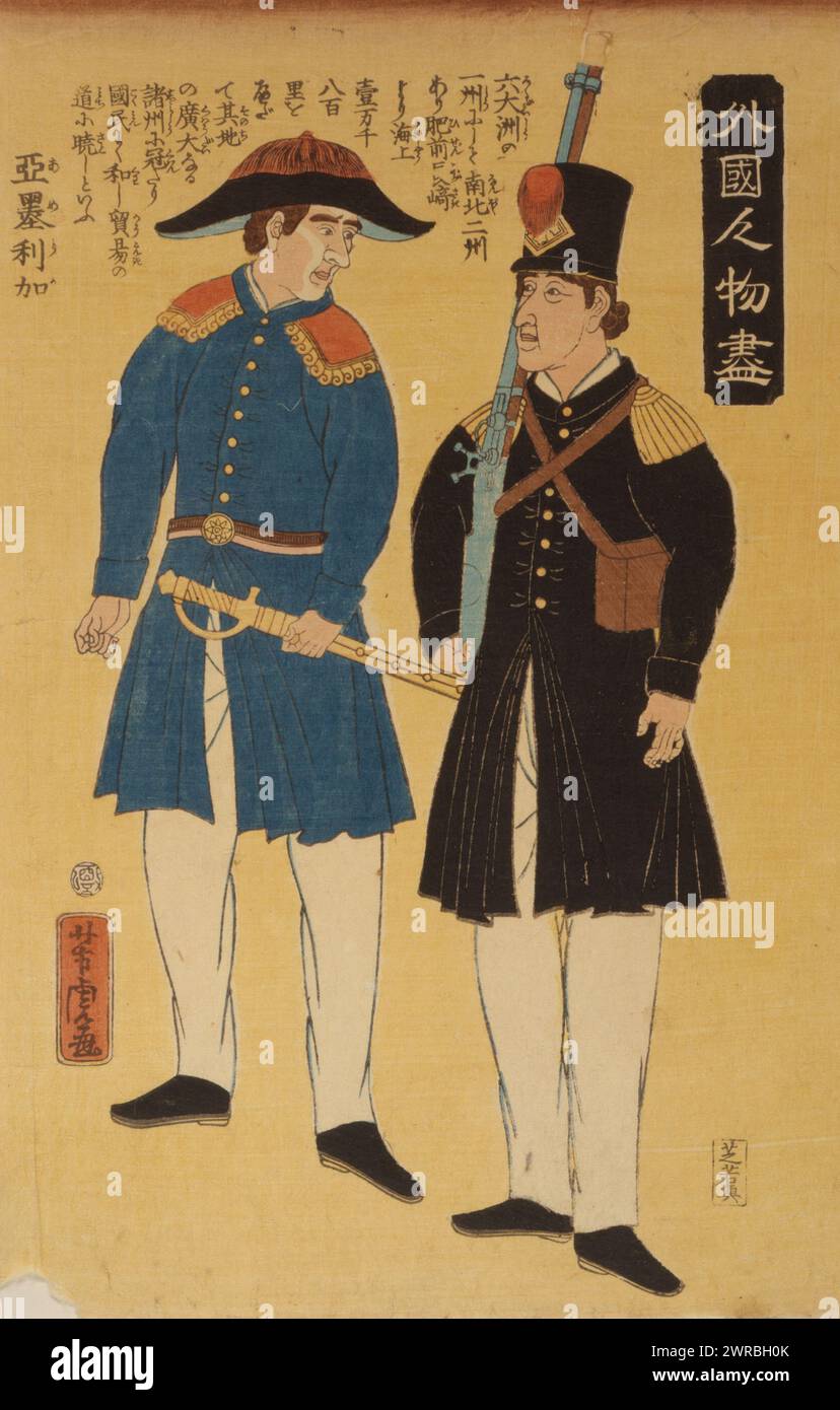 Gaikoku jinbutsu zukushi - Amerika, Japanese print shows two military ...