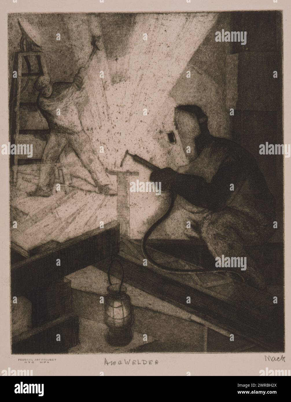 Arc welder, Mack., Print shows man welding as another man pounds with a ...