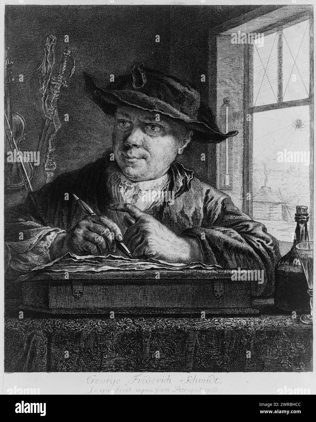 Self-portrait of the artist drawing by a window, se ipse fecit aqua forti Petropol, 1758 ...