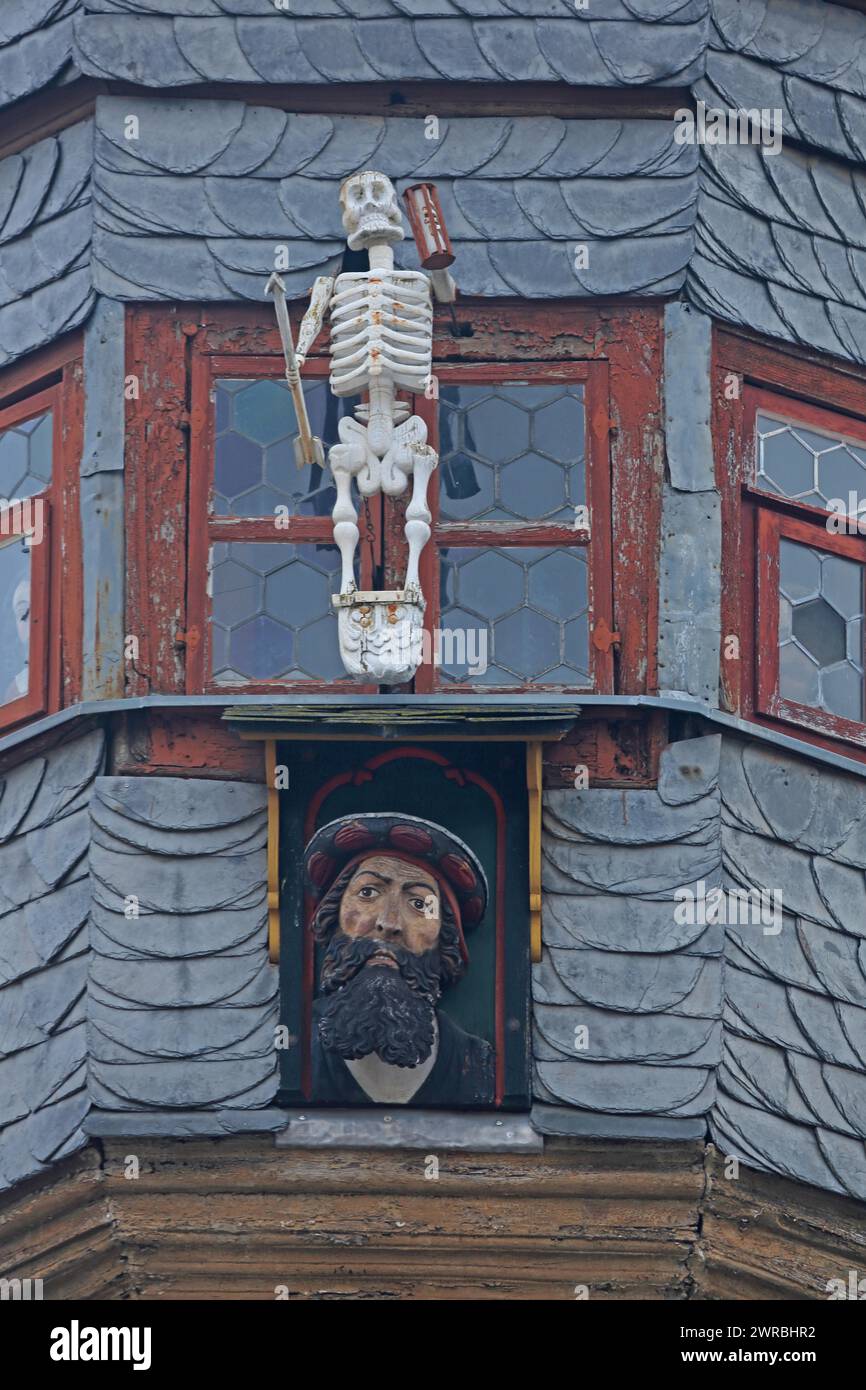 Lancet turret with skeleton and figure, head, window, detail, slate ...