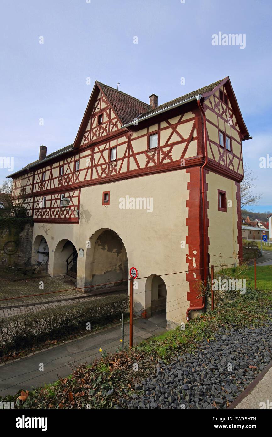 Historic pigeon tower, castle, gatehouse, town gate, half-timbered ...