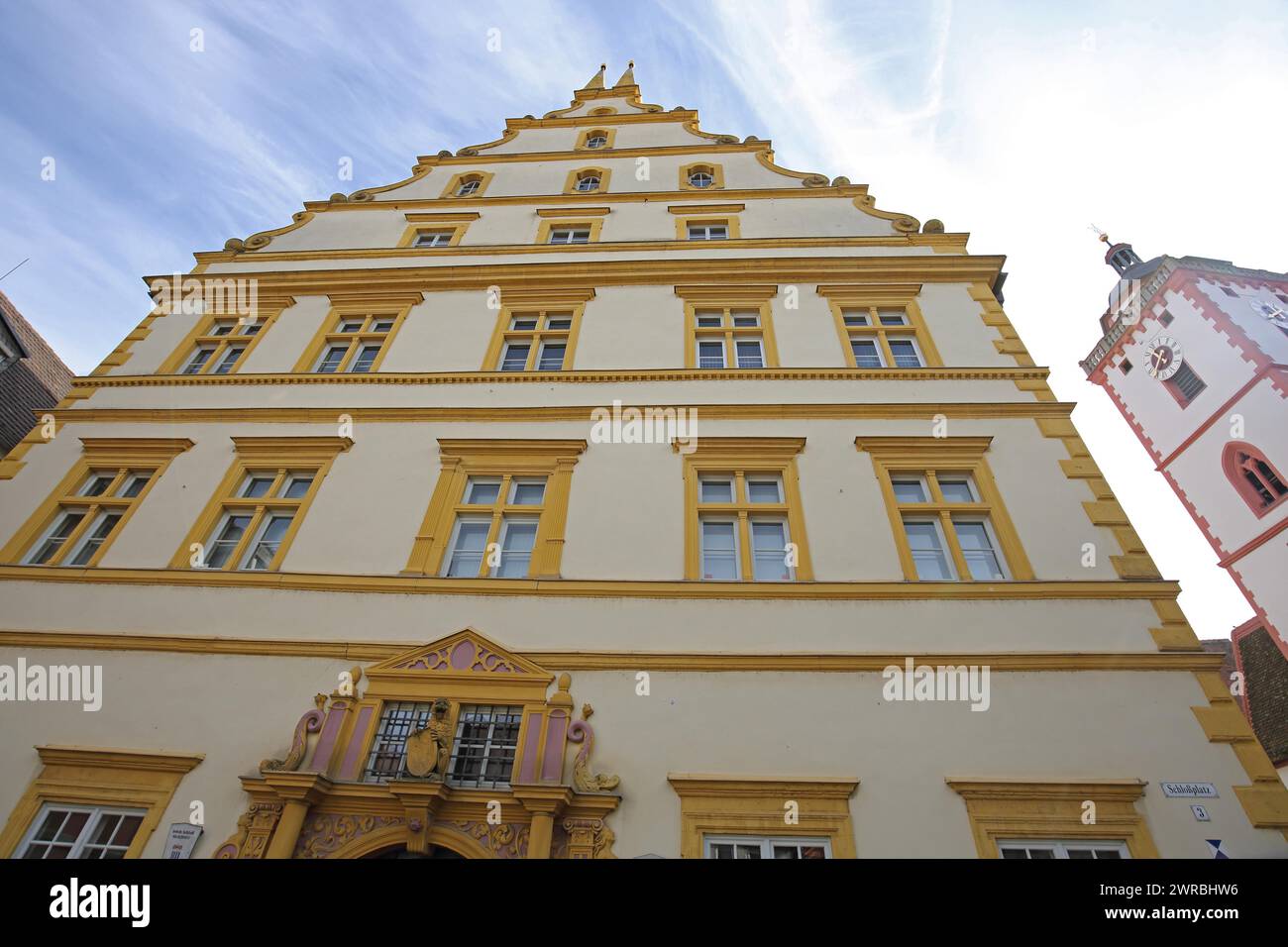 Renaissance castle built 1580 and St. Nikolai church, church tower ...
