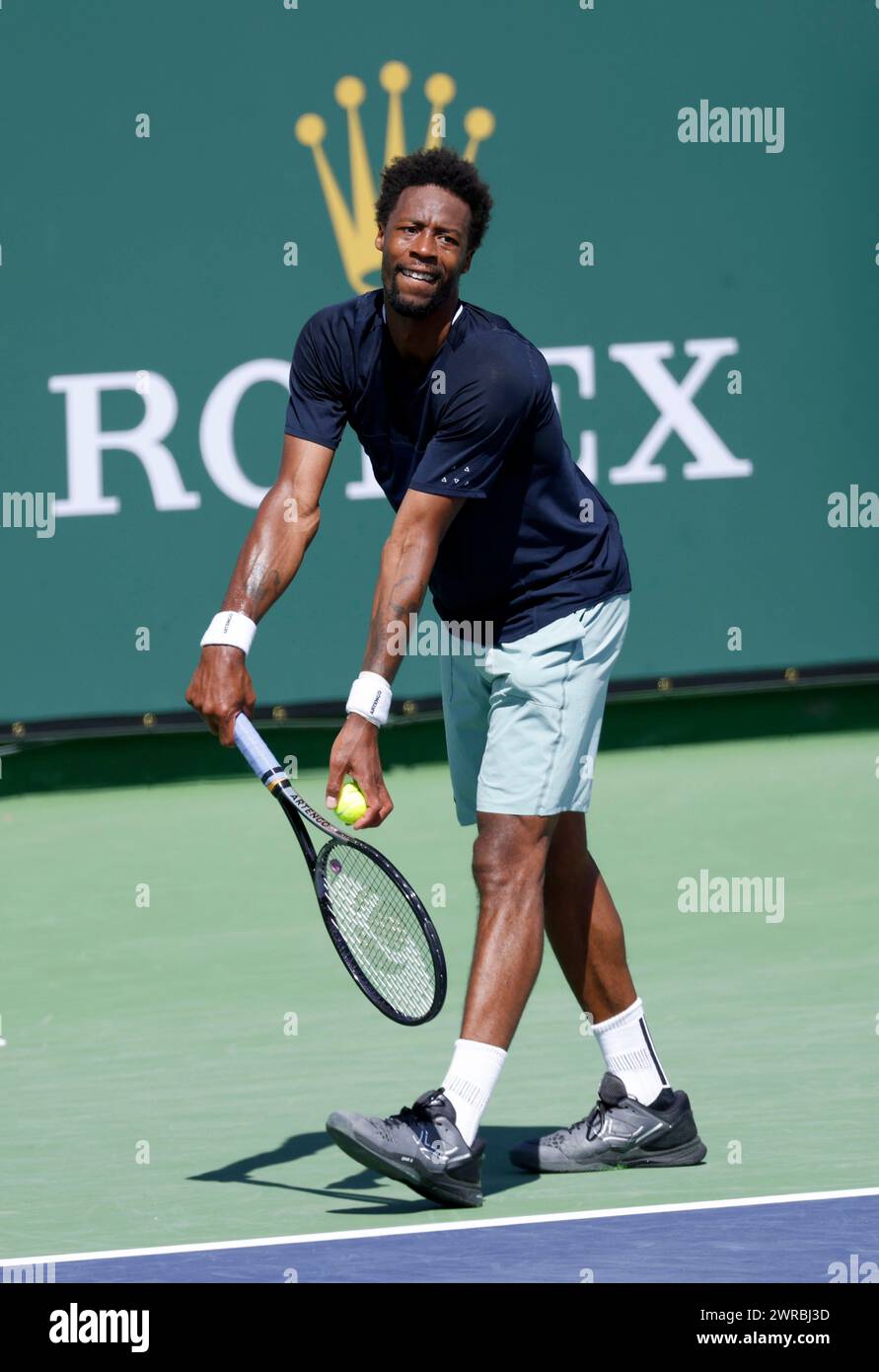March 11, 2024 Gael Monfils of France serves against Cameron Norrie of ...