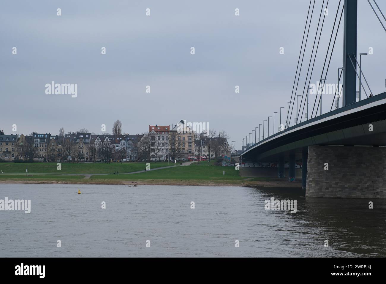 View over the Rhine with bridge, behind Oberkassel, Duesseldorf ...