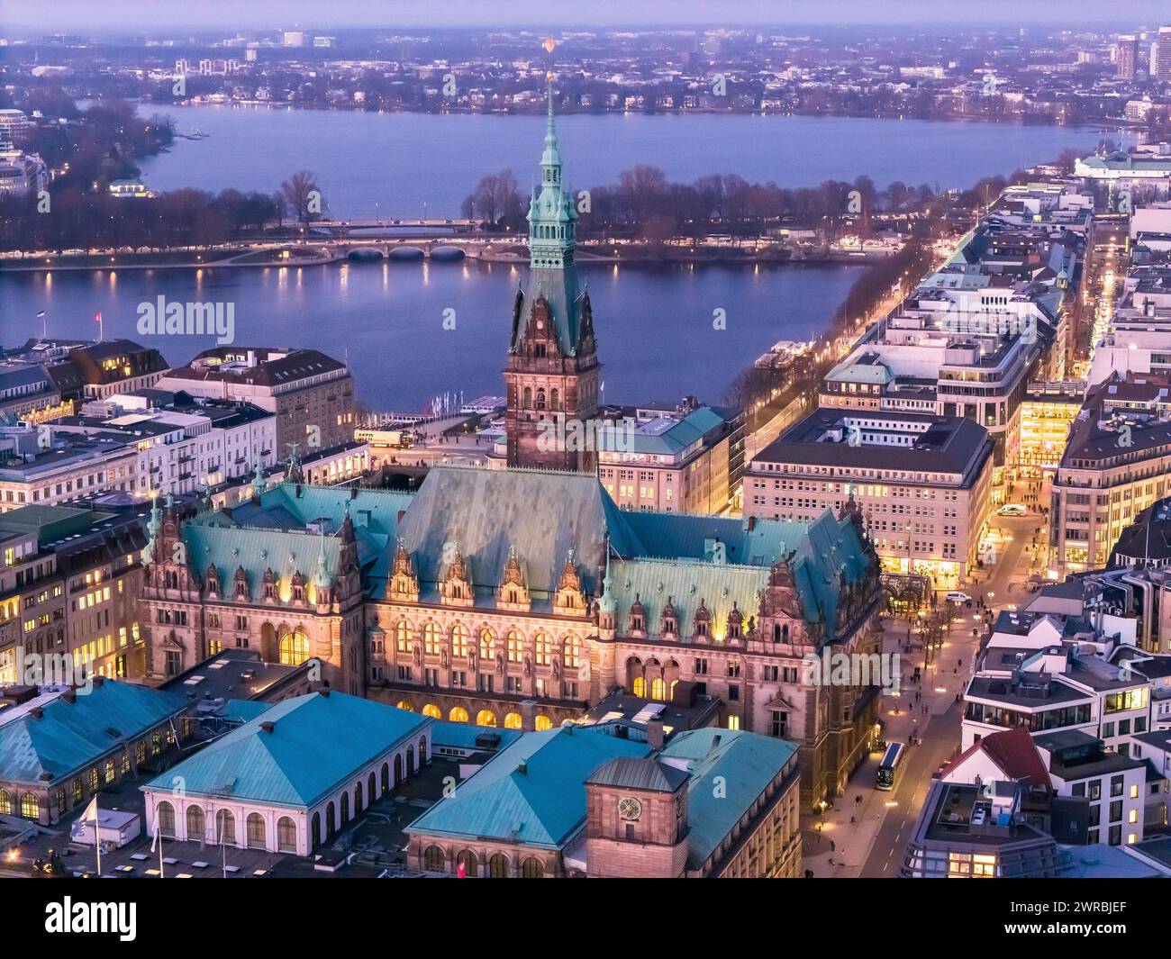 Aerial view of Hamburg City Hall with Inner Alster and Outer Alster ...