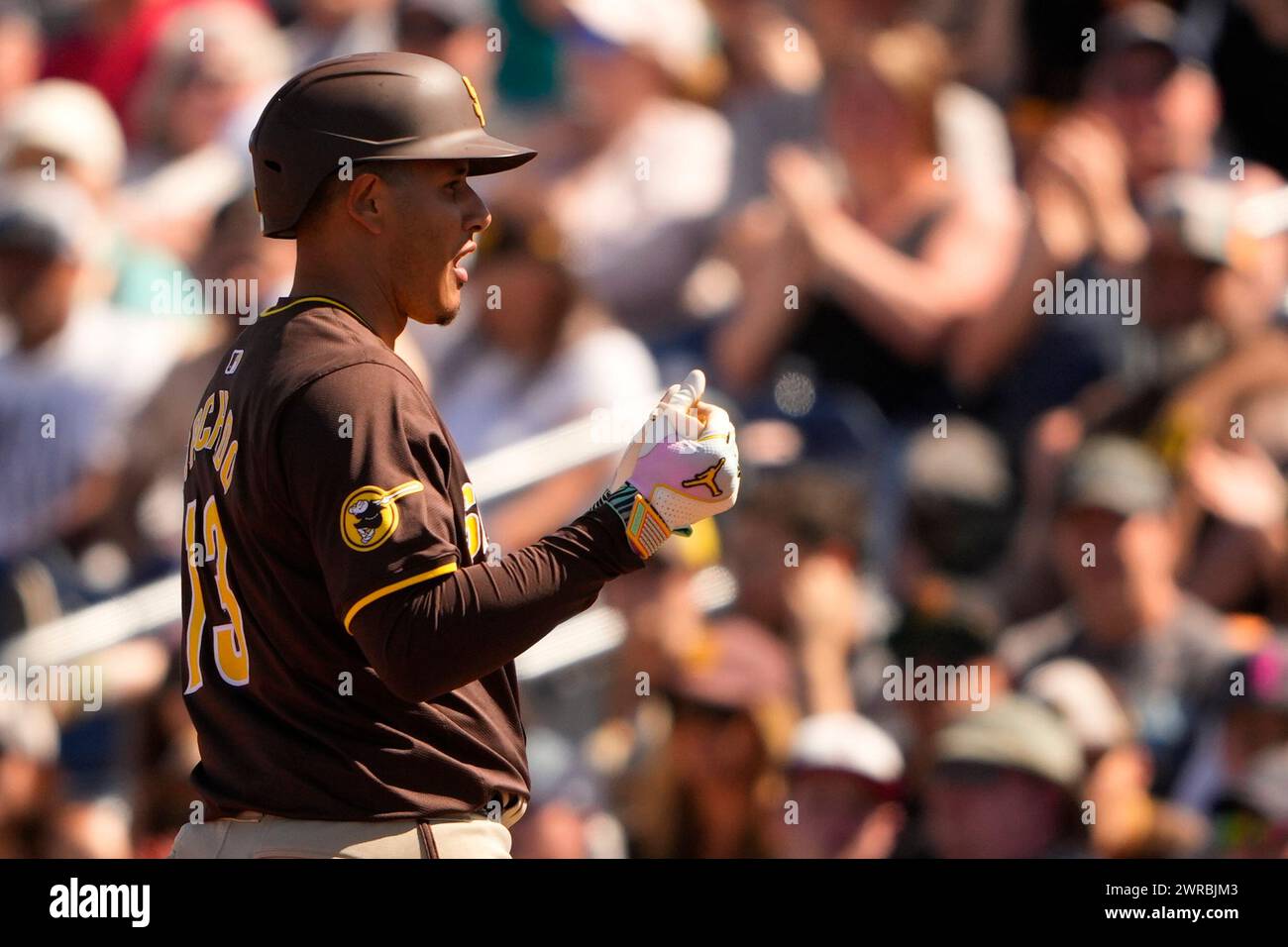 San Diego Padres' Manny Machado reacts towards the dugout after hitting ...