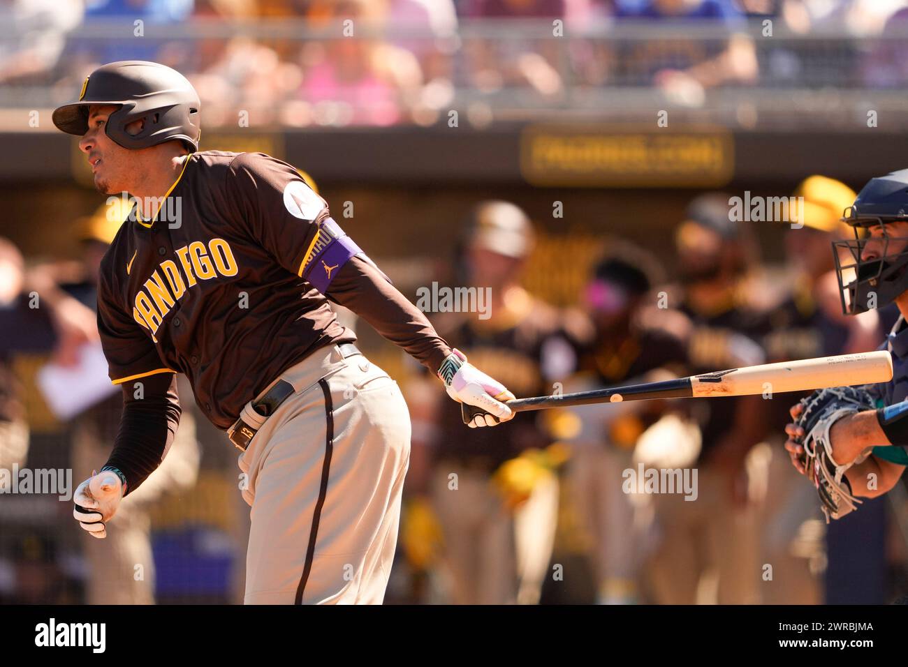 San Diego Padres' Manny Machado follows through on a two-run single ...