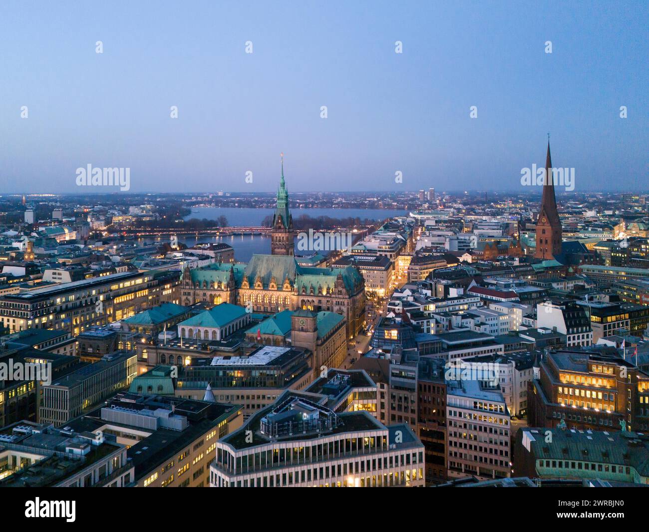 Aerial view of Hamburg City Hall with Inner Alster and Outer Alster ...