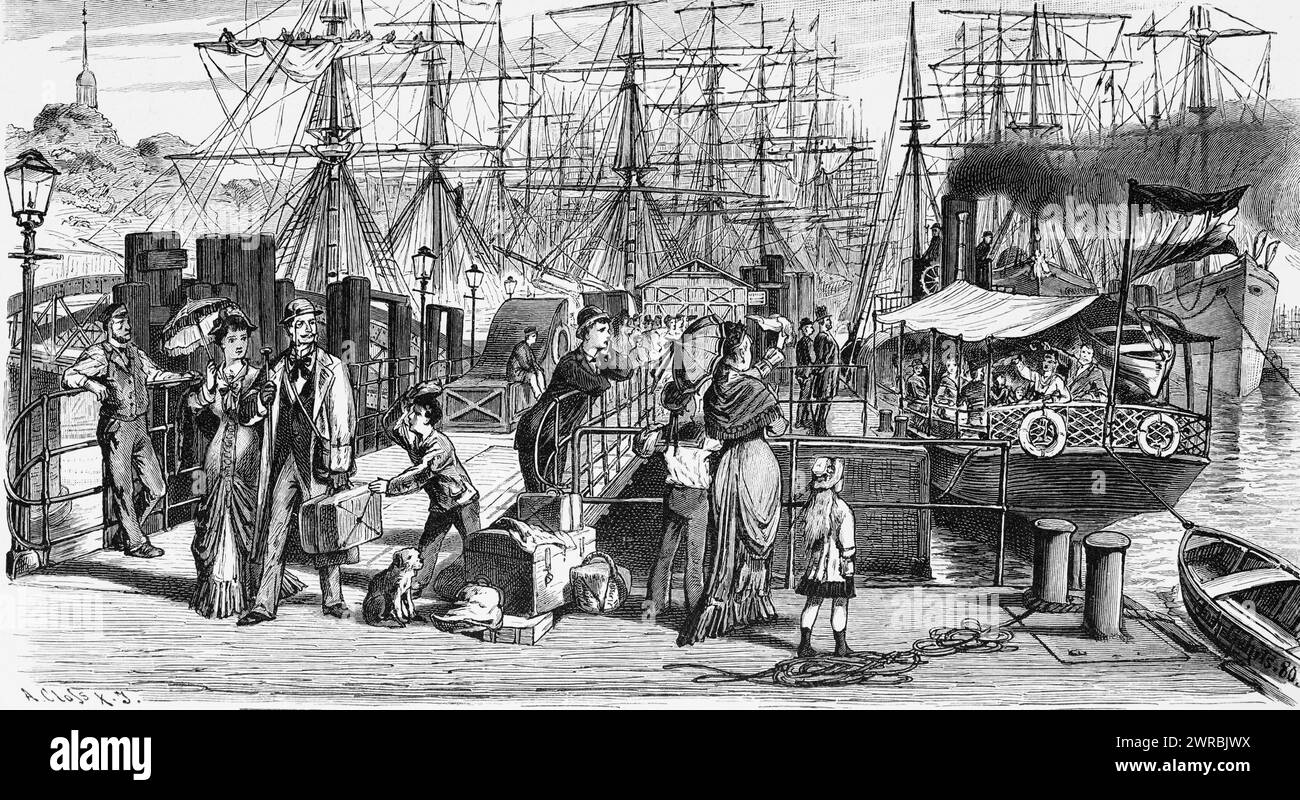 Pleasure at the Hamburg jetties, harbour, many sailing ships, masts ...