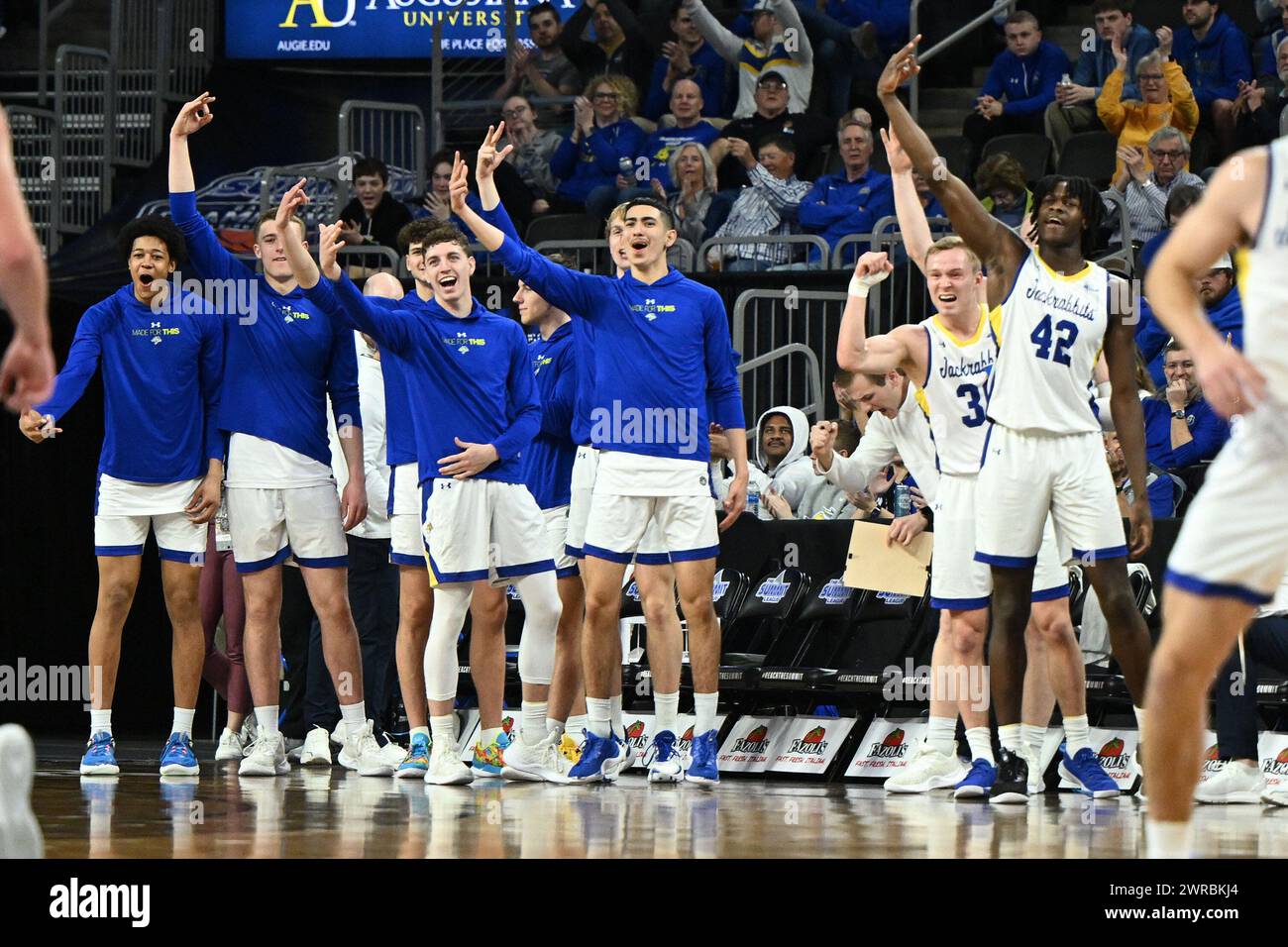 South Dakota State players celebrate a three point basket during an ...