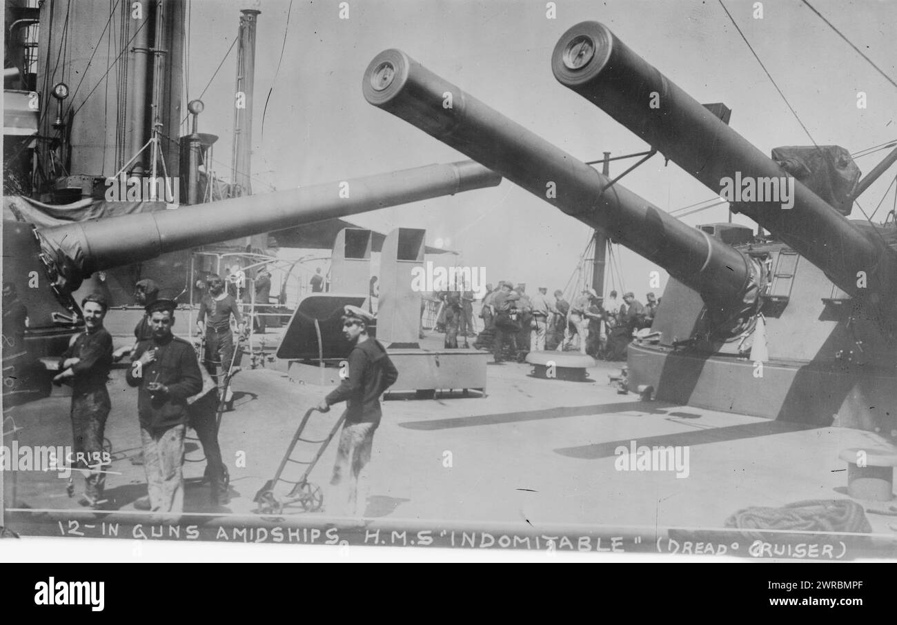 12-in. guns amid ships HMS INDOMITABLE (Dread Cruiser), Photo shows the ...