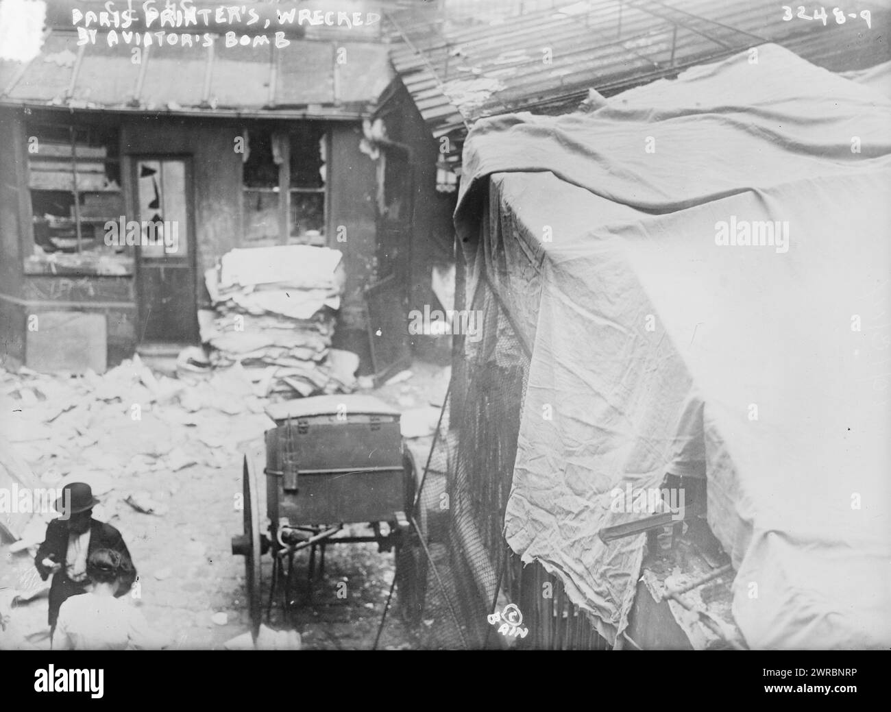Paris Printer's, wrecked by aviator's bomb, Photograph shows bomb ...